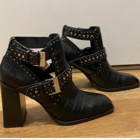 Zara | Shoes | Zara Black Studded Zara Heeled Cutout Boots With Buckles ...